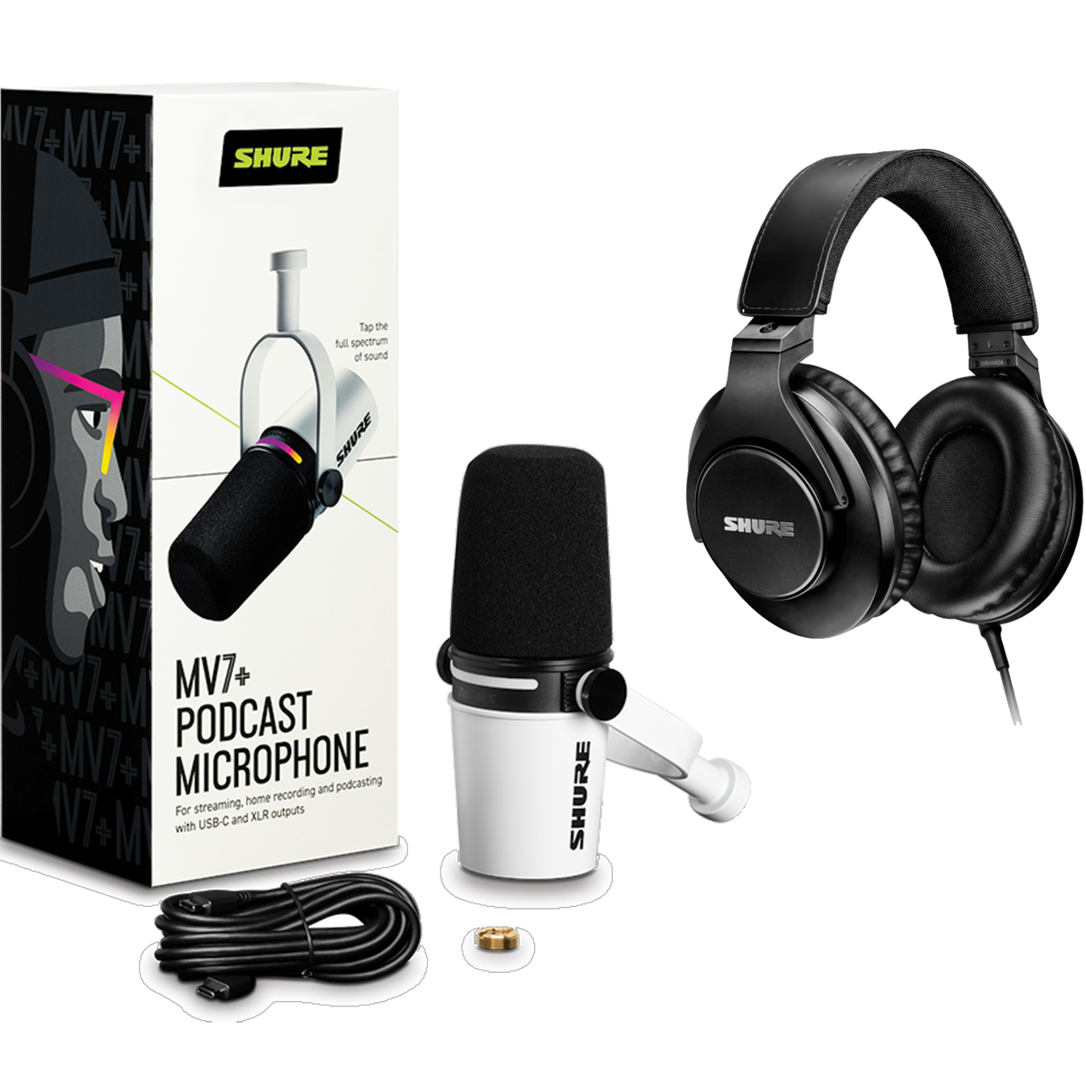 Shure MV7+-W Podcast Microphone and SRH440A Pro Headphones Bundle ...
