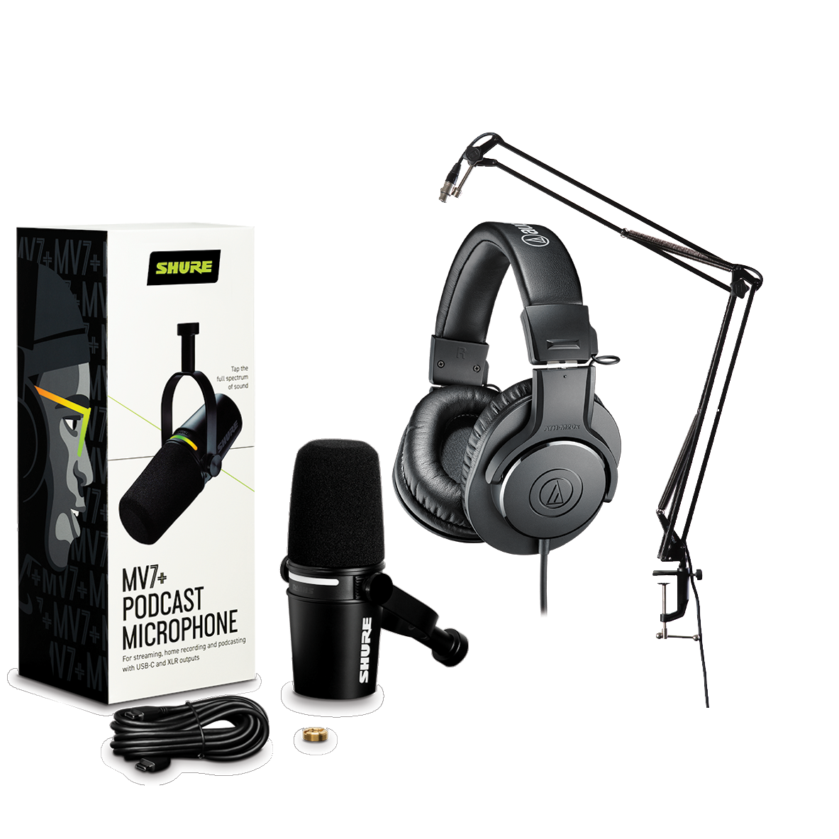 Shure MV7+-K Podcasting Bundle with Boom Arm and Headphones - Black ...