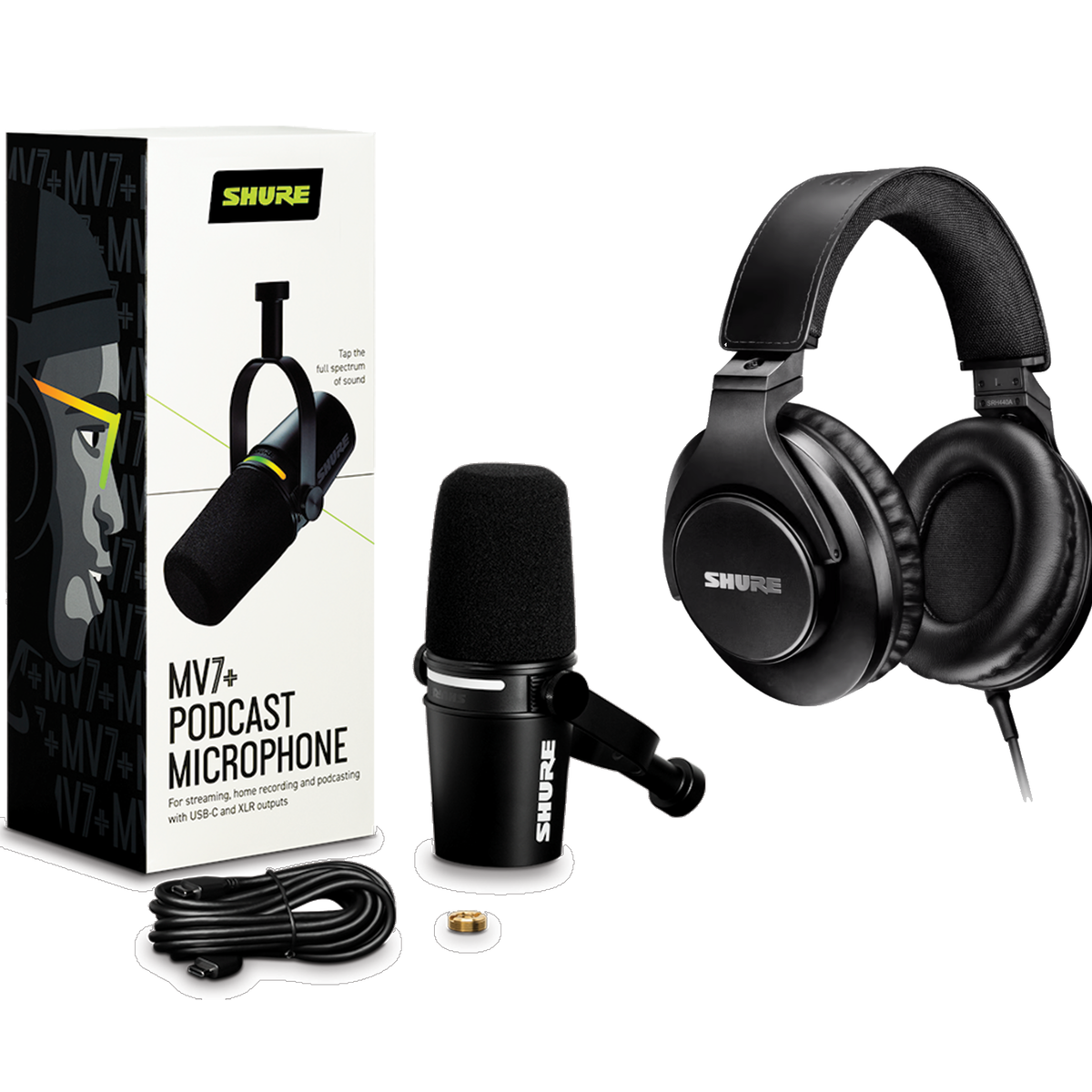 Shure MV7+-K Podcast Microphone and SRH440A Pro Headphones Bundle ...